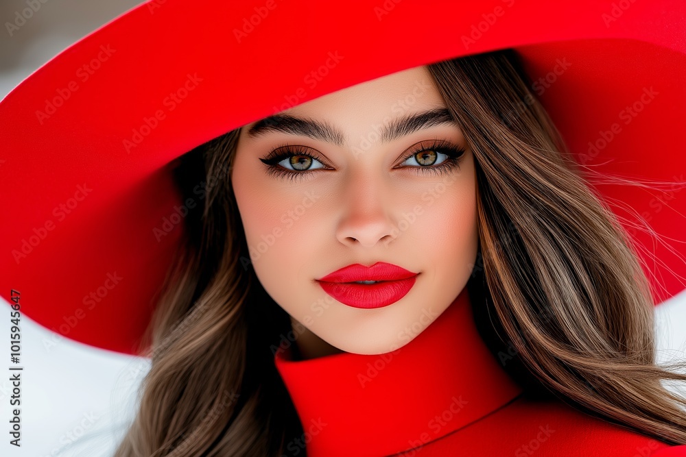 Woman wearing a red scarf and red lipstick. She has blue eyes. The ...