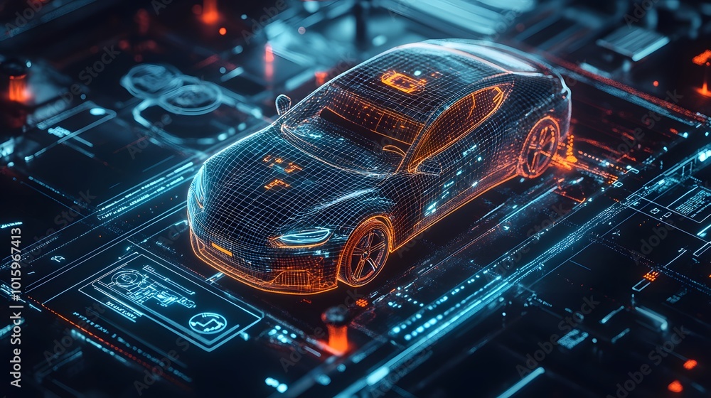 Concept of smart car technology. Car isometric hologram, in HUD style ...