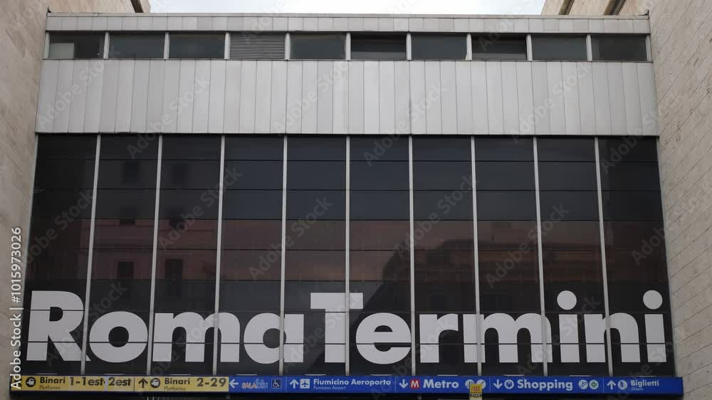 Close-up view of the sign outside Rome's Termini Station, capturing the ...