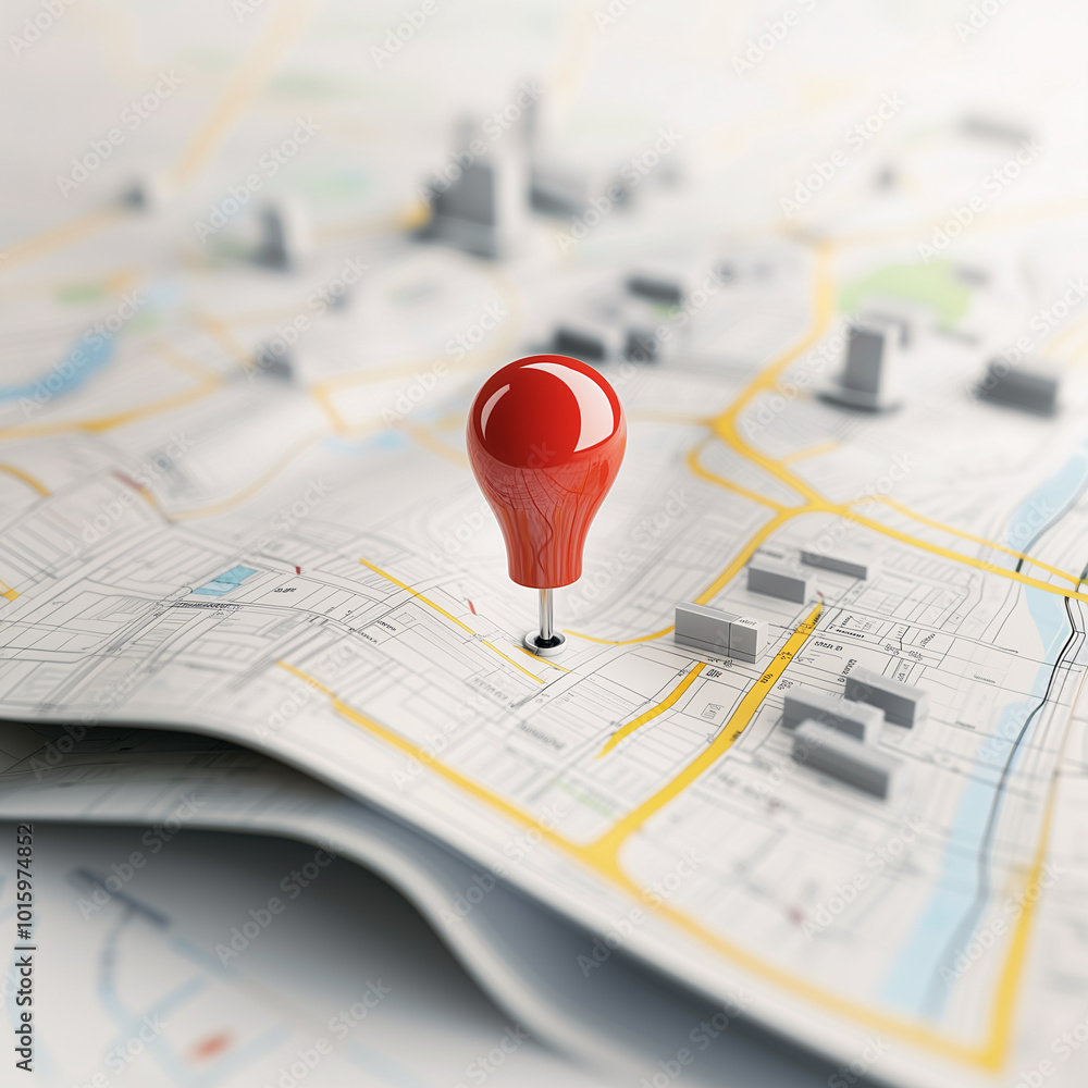 Red pin is marking a specific location on a 3d city map with buildings ...