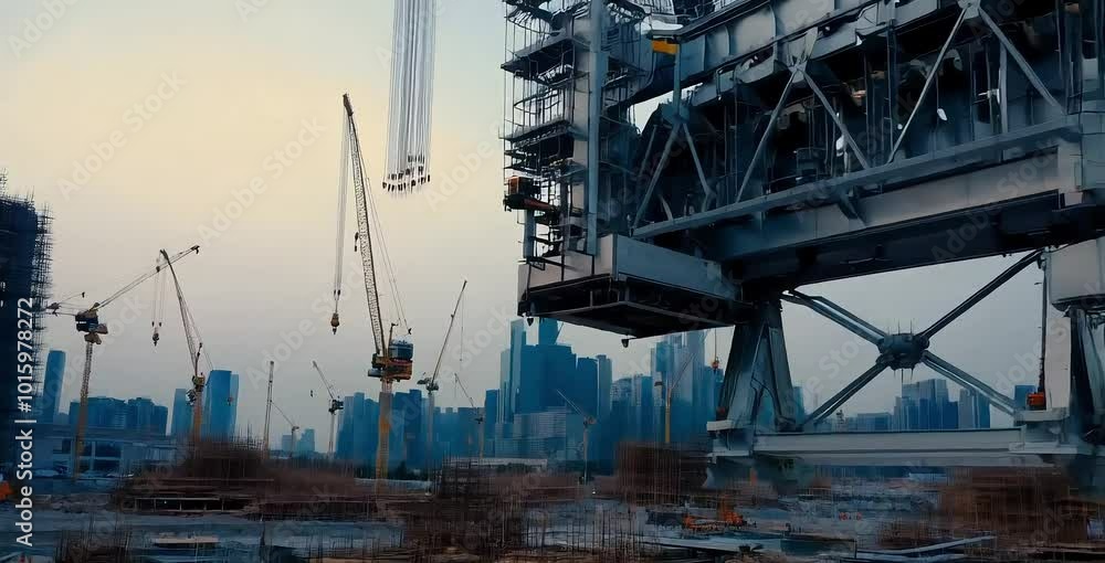 Massive steelwork elevated against an urban skyline. Gigantic structure ...