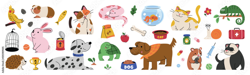 Cute pet doodle vector set. Cartoon animals characters design ...