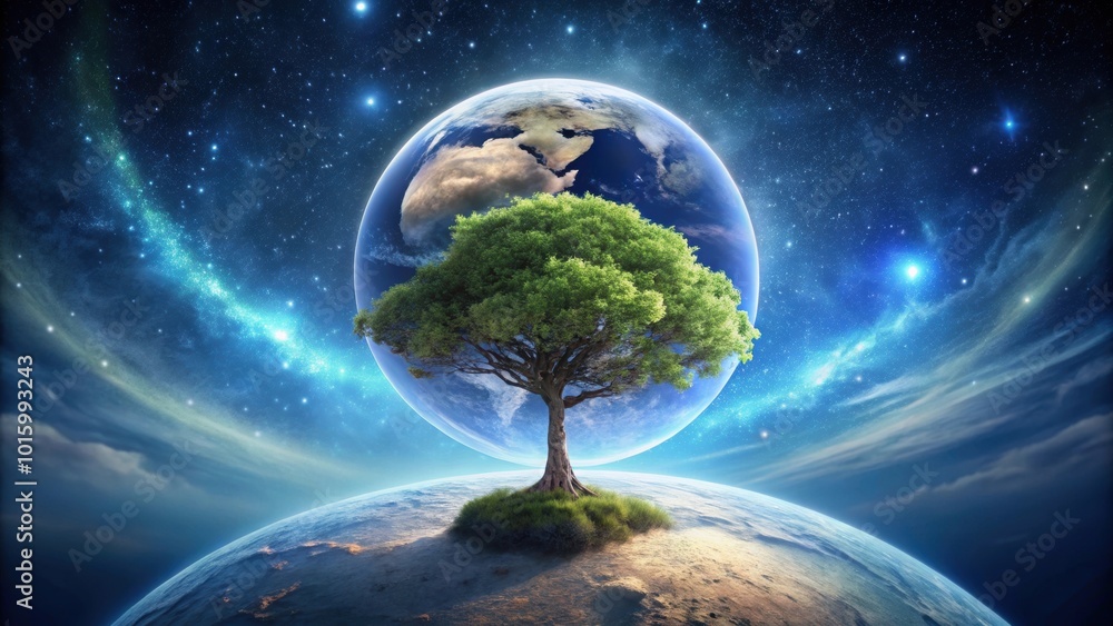Planet with a towering tree at its center, fantasy, sci-fi, alien world ...
