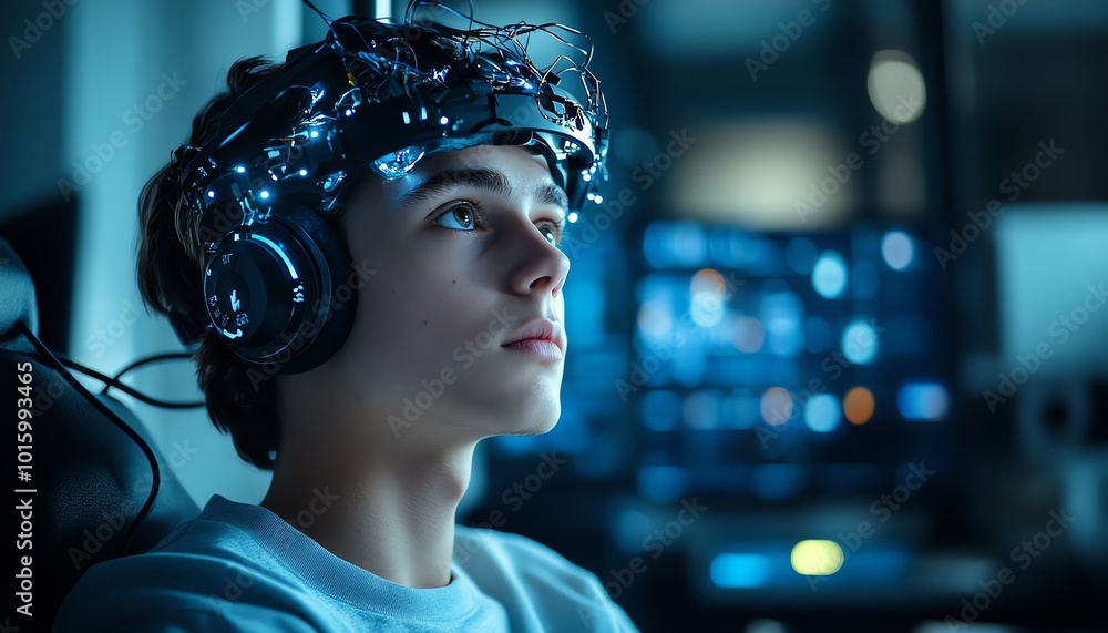 Hightech neuroscience lab with a male patient using a headset for brain ...