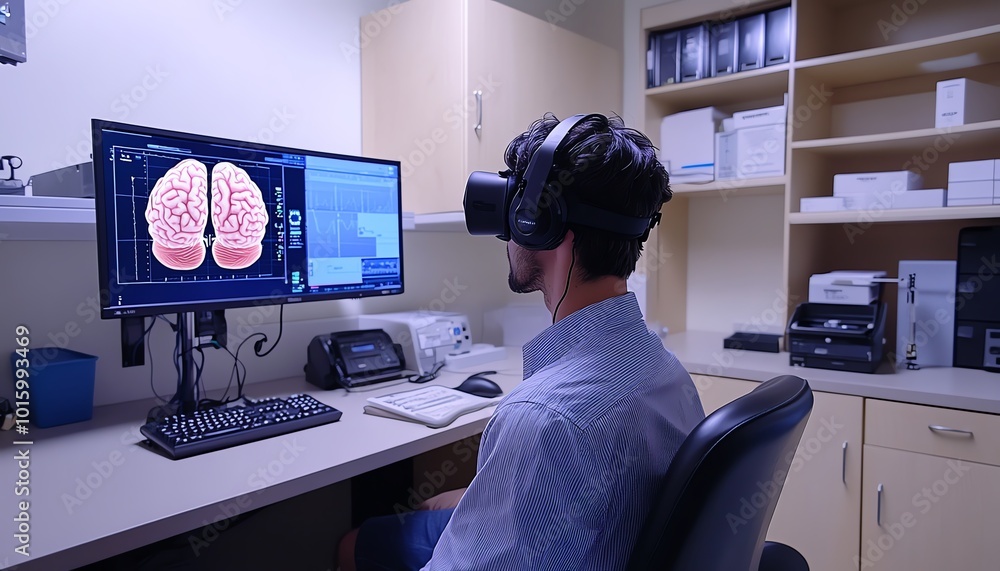 Hightech neuroscience lab with a male patient using a headset for brain ...