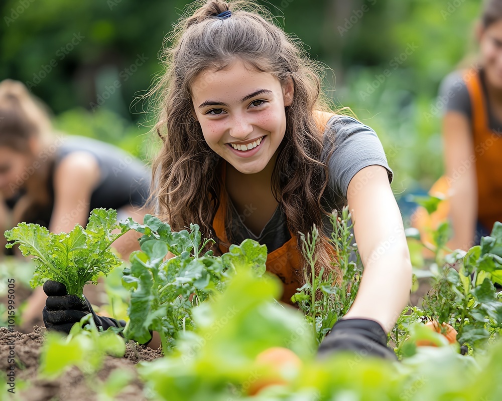 Active scene of teen girls gardening together in a community garden ...