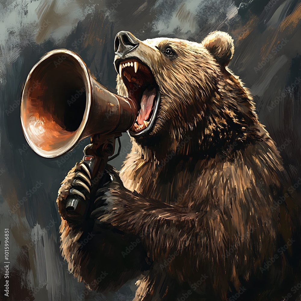 Bold bear image expressing roar through antique megaphone creation ...