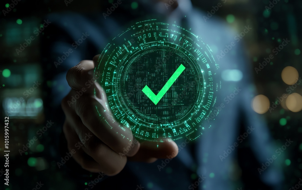 Green check mark hologram held by a businessman, representing ...
