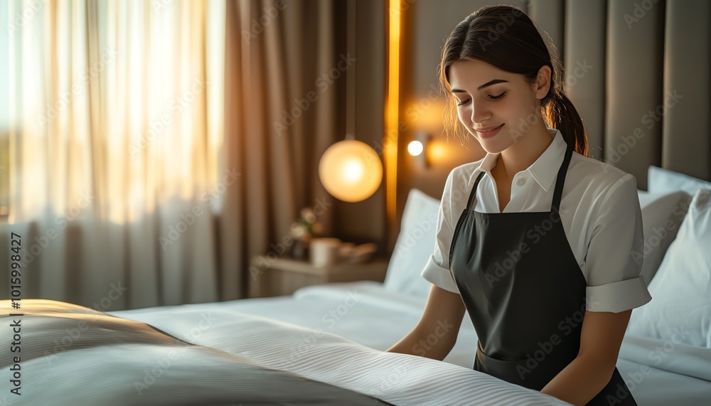 Housekeeper in a black apron and white shirt cleaning and making the ...