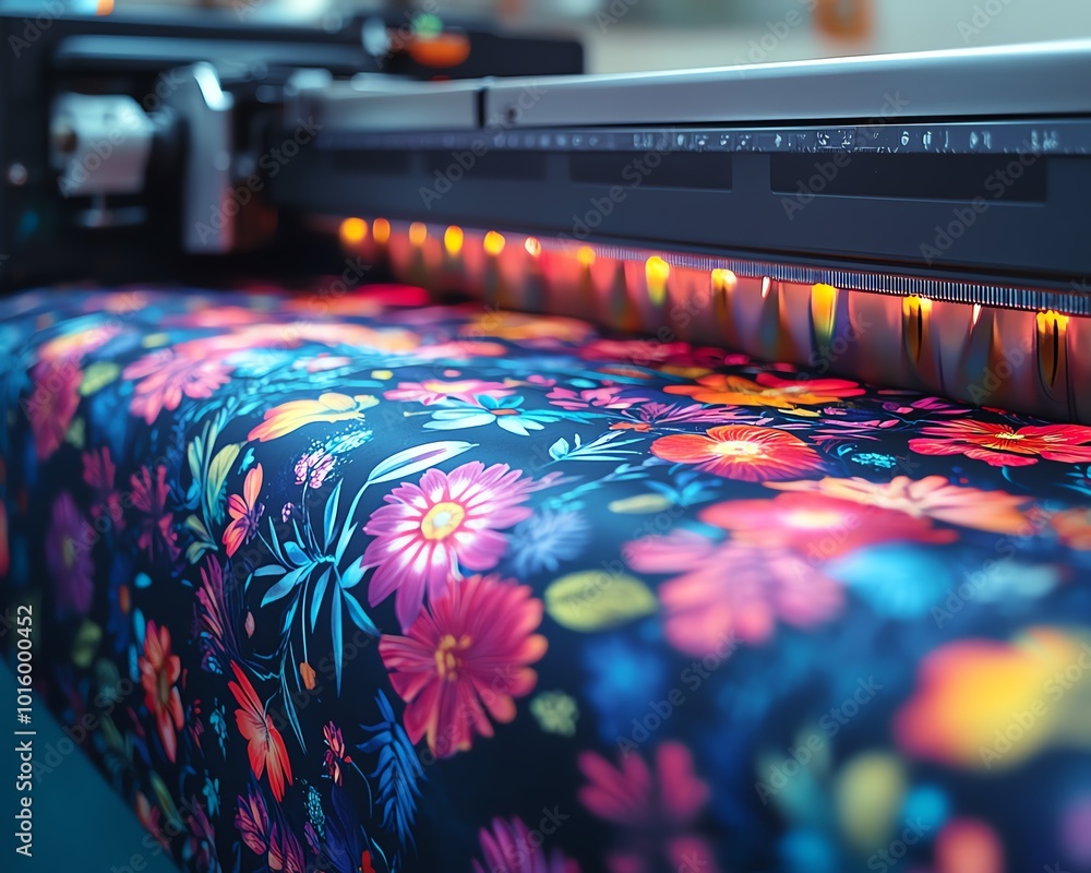 Detailed illustration of a sublimation printer printing floral patterns ...