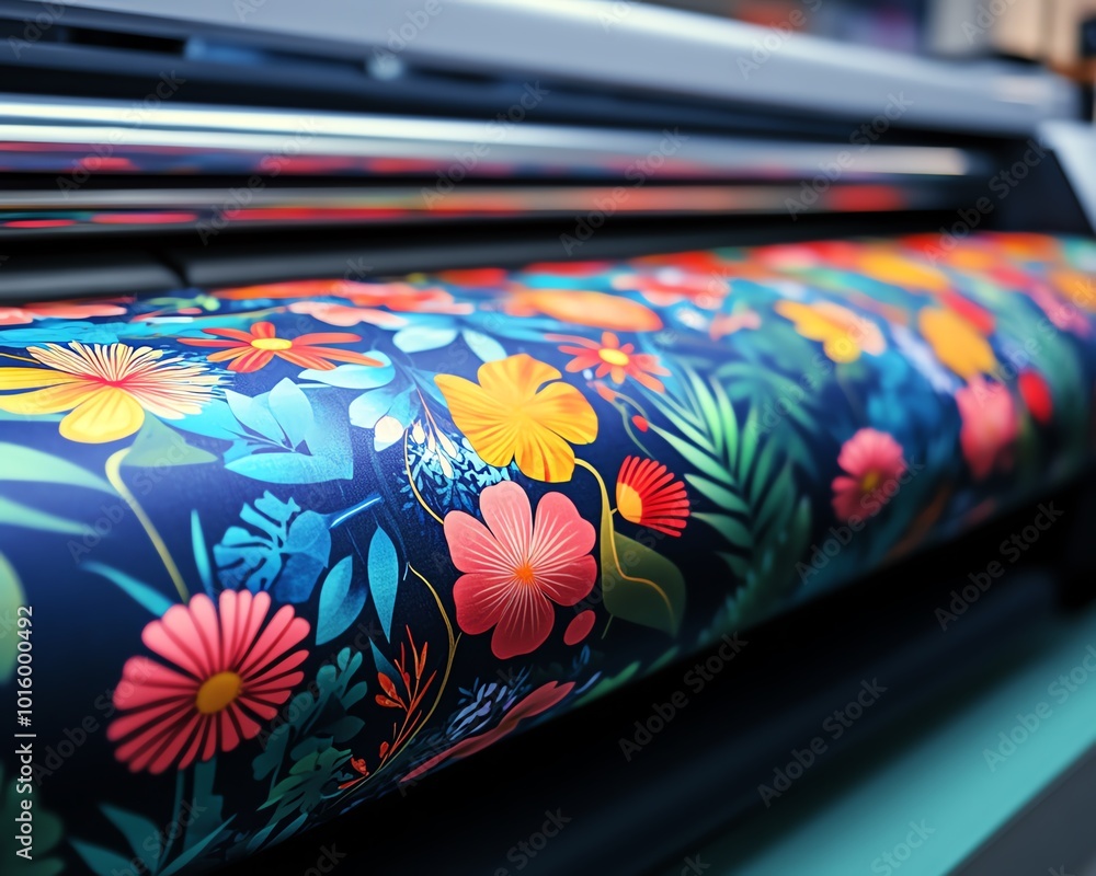 Detailed illustration of a sublimation printer printing floral patterns ...