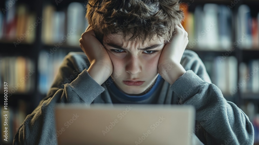 Lonely student grappling with isolation, immersed in digital torment ...