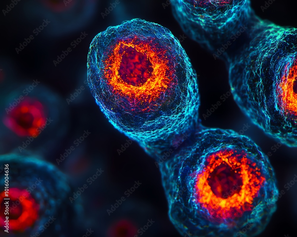 Highresolution microscopic view of apoptotic cells with bright red ...