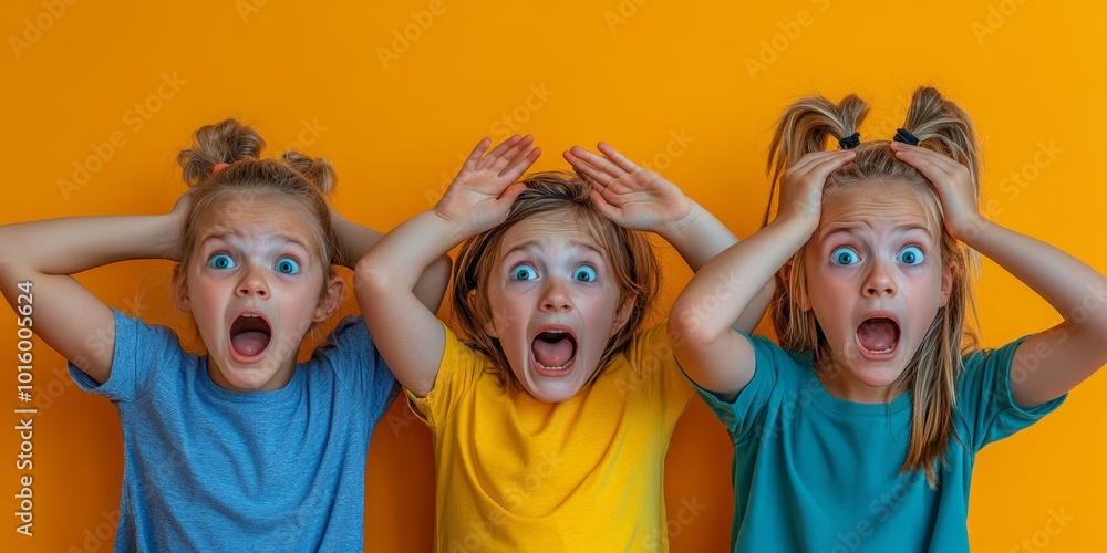 Group of boy and girls kids over orange background stressed with hand ...