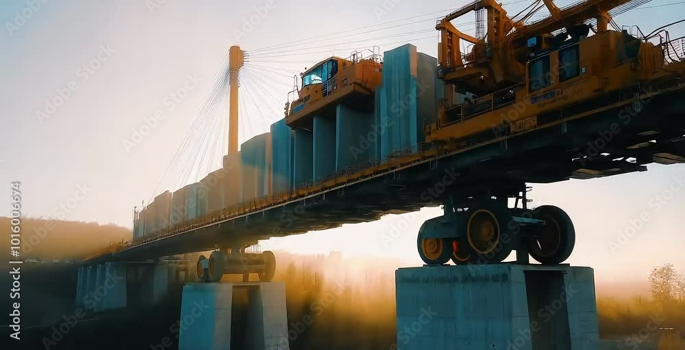 A large construction vehicle carrying concrete bridge segments moves ...
