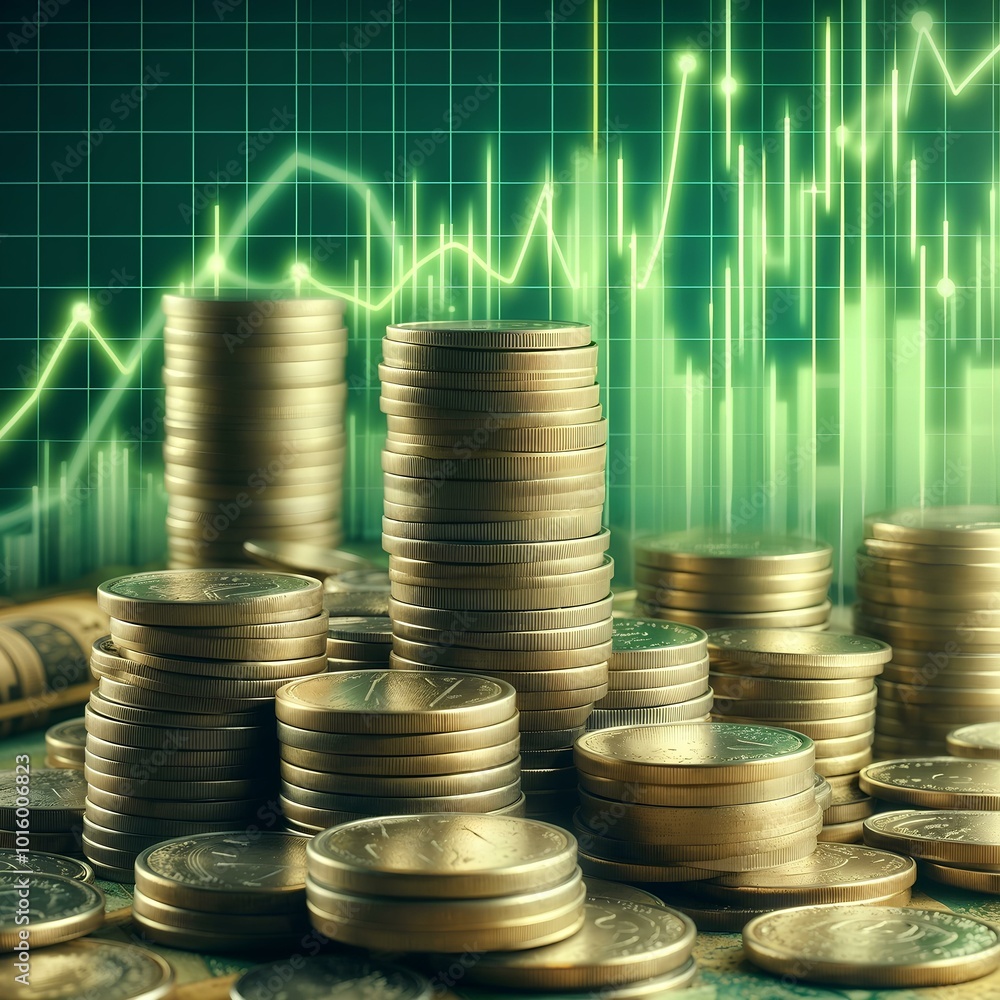 Coins and green graphs indicating growth trends and investment returns ...