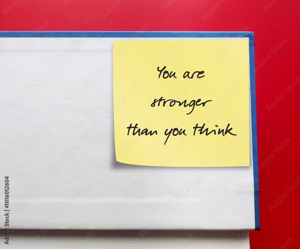 Stick note on a book with message written YOU ARE STRONGER THAN YOU ...