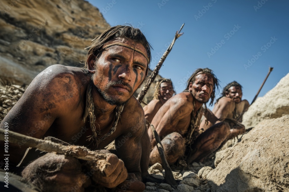 Five primitive hunters with tribal markings crawl stealthily through a ...