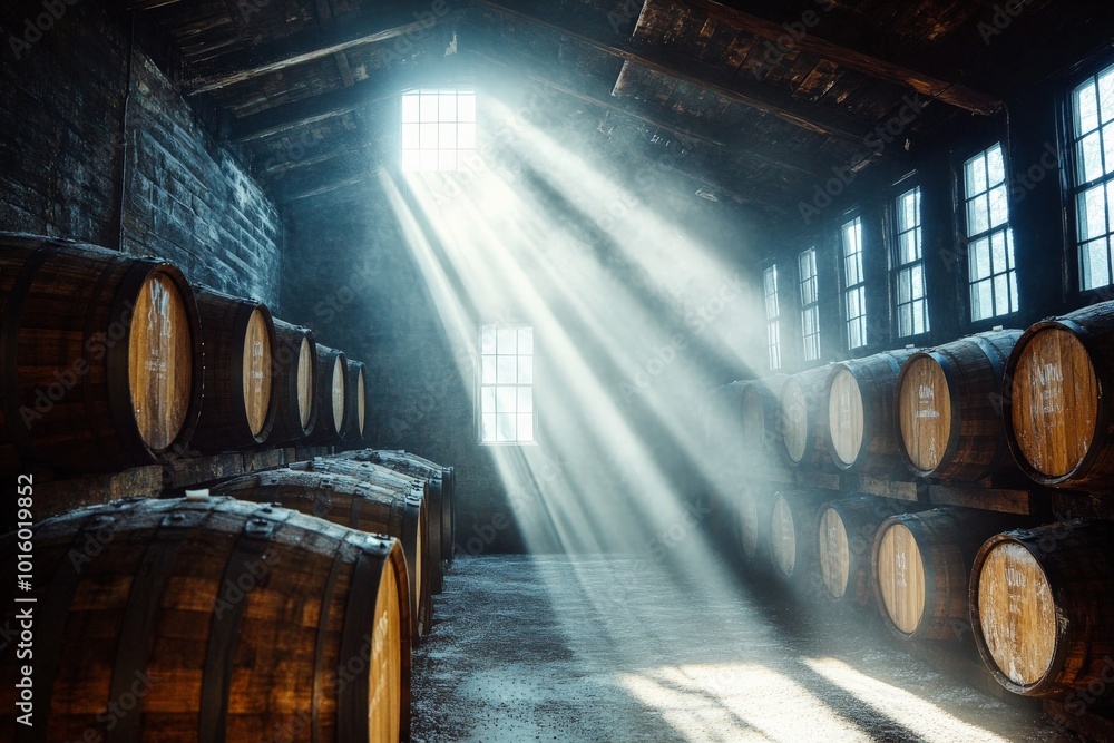 Sun rays stream through a rustic wine cellar window, illuminating rows ...