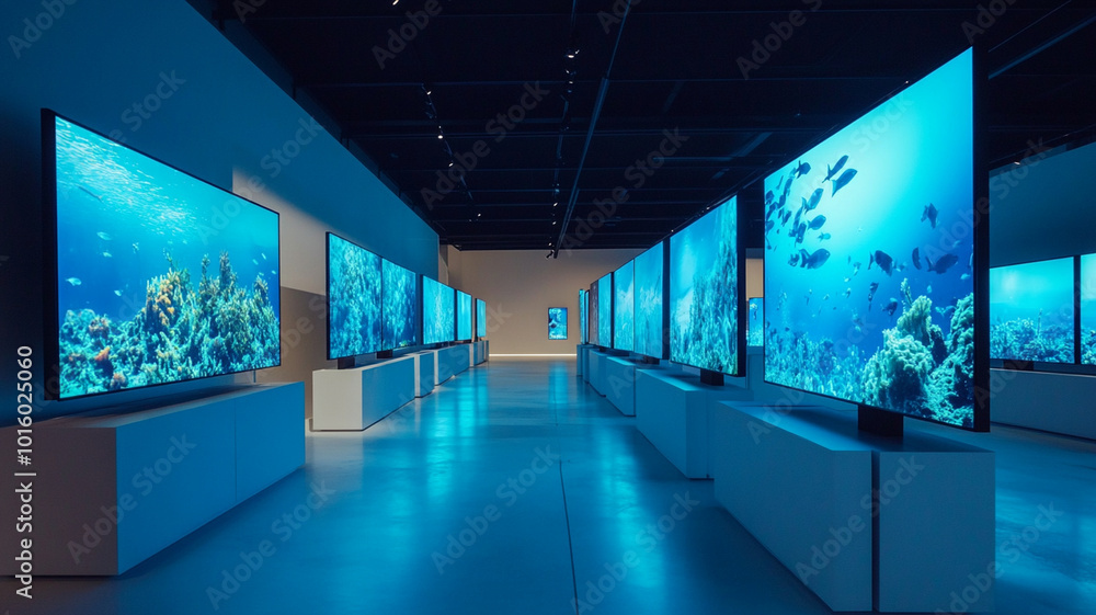 Vivid underwater scenes displayed on flat screen TVs create an ...
