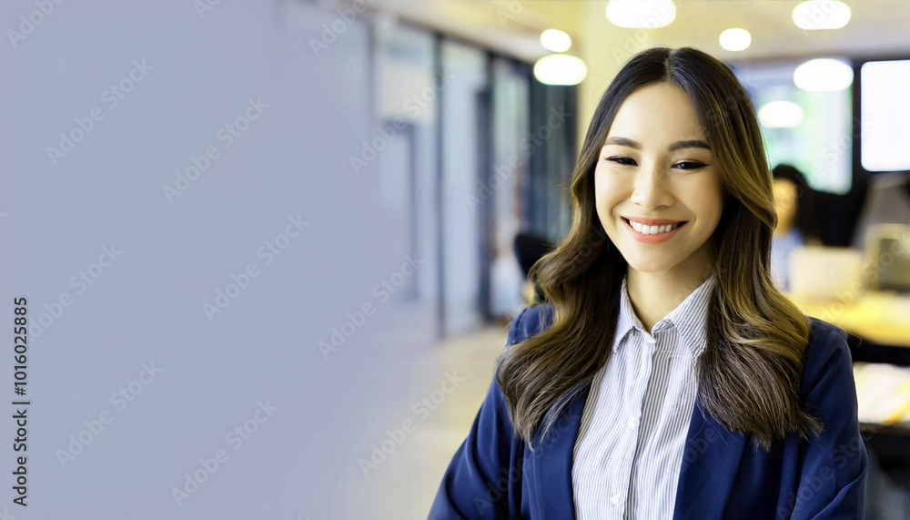 businesswoman in a modern office setting. She is smiling, dressed in ...