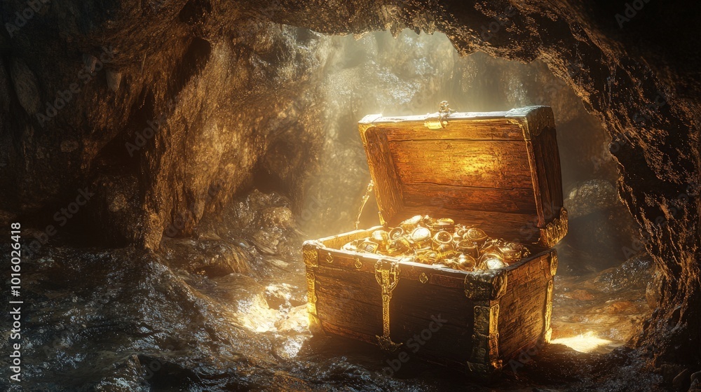 Pirate's Hoard in Hidden Cave, a vibrant depiction of a treasure chest ...