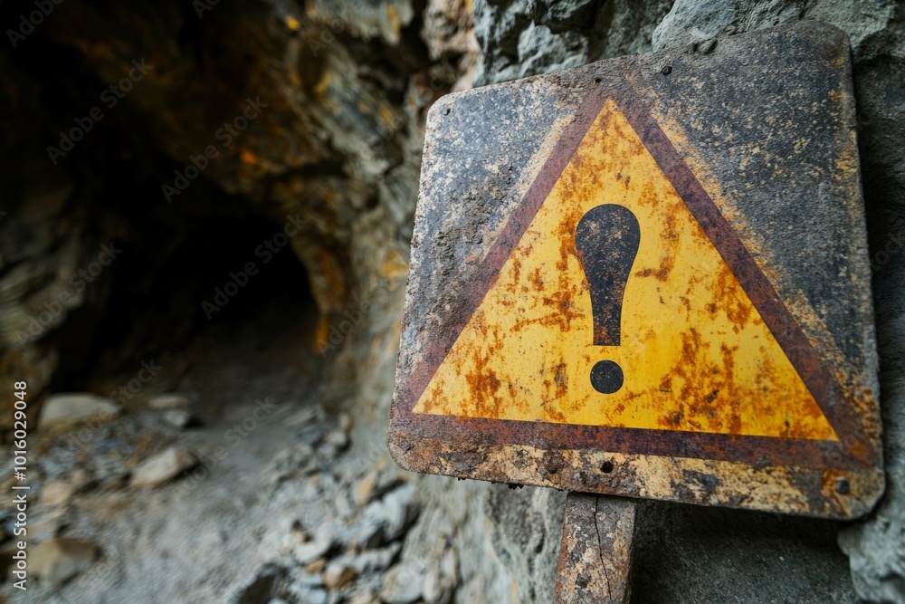 A rusted warning sign stands at the entrance of a dark cave, indicating ...