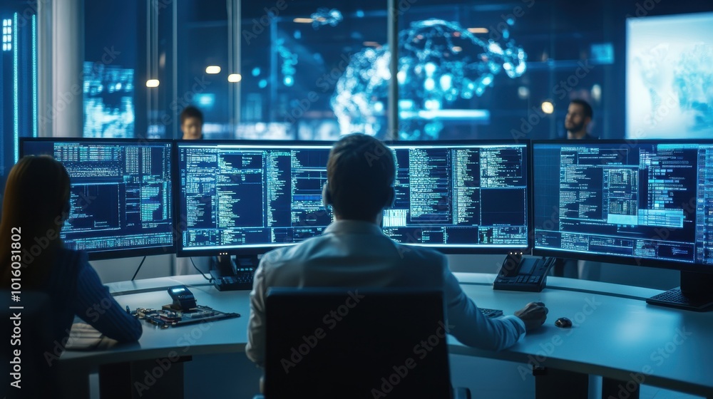 Team of data analysts working late at night in a high-tech control room, surrounded by multiple ...