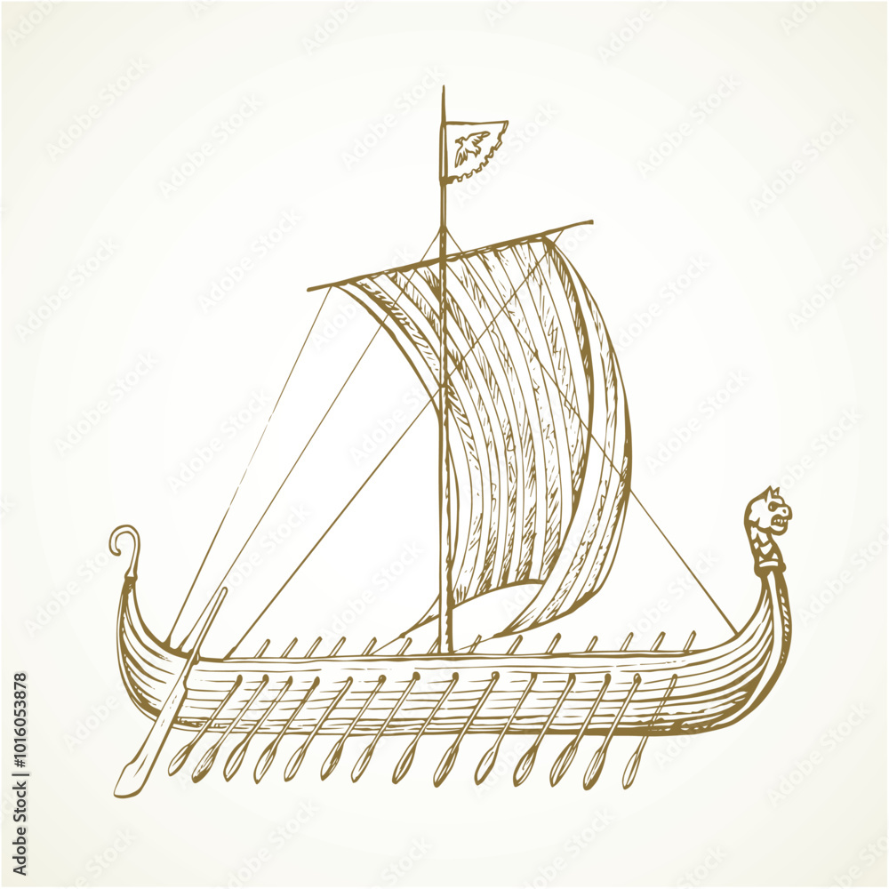 Archaic past century wood oar shield Greek galleon. Black ink stripe ...