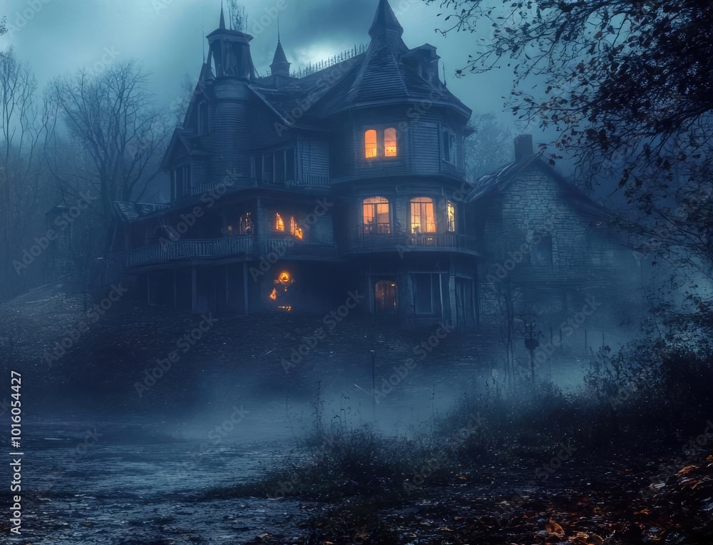 A hauntingly beautiful scene of a foggy night featuring an illuminated ...