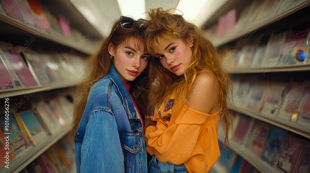 Retro 90s Mall Teens Fashion Portrait in Record Store with Denim and ...