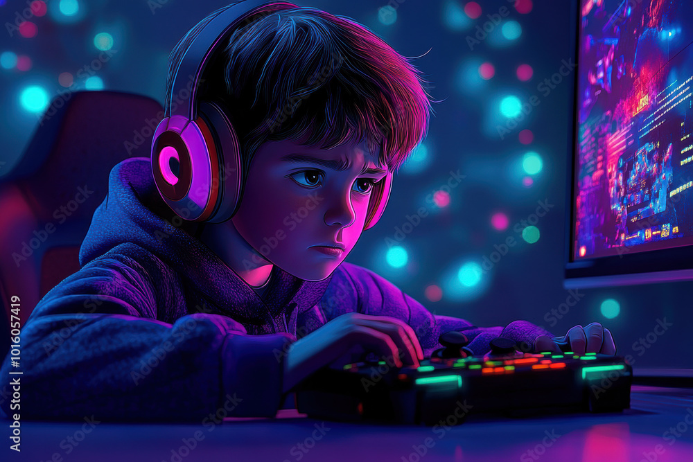 Child refusing to unplug from video games during vacation, A focused ...