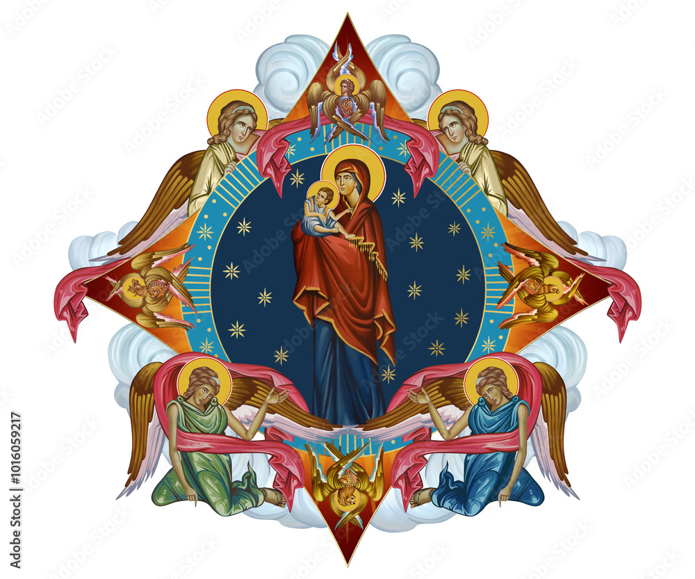 The Blessed Virgin Mary. Bright religious dome with apostles and angels ...