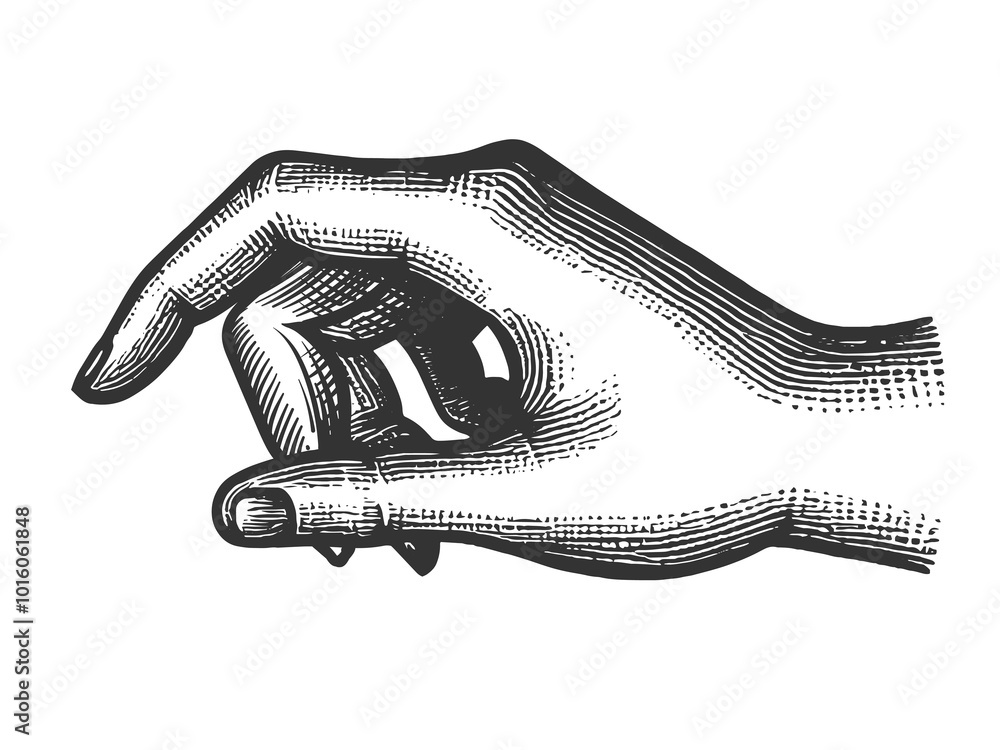 hand making a pinching gesture, drawn in an engraving style sketch ...