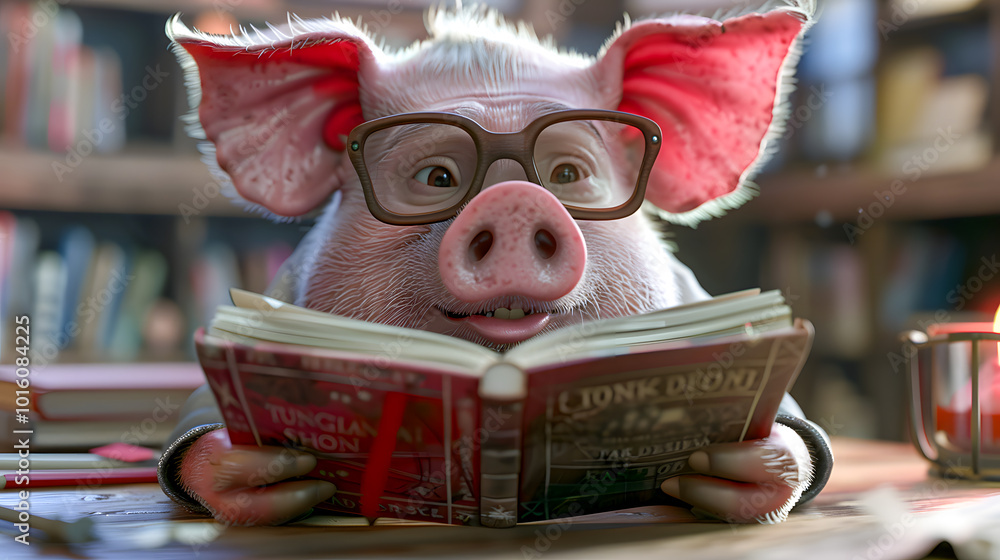 Pig reading a book at school classroom, back to school concept Stock ...