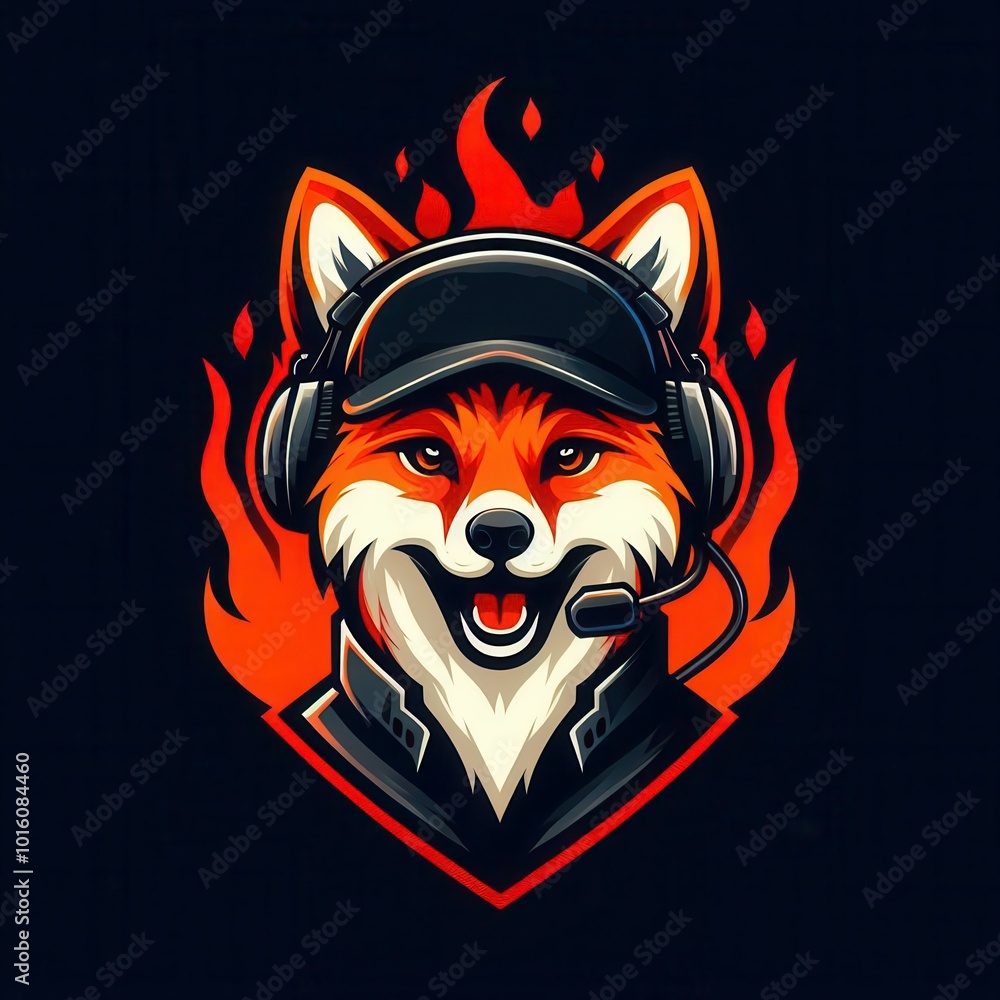 A firefighter fox wearing a firefighter hat and headphones is sitting ...