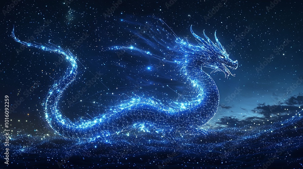 A radiant dragon flows through the starry cosmos, its serpentine body ...