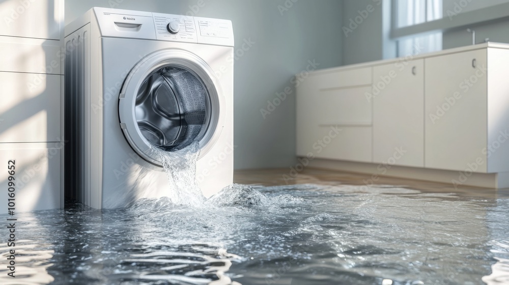 A broken washing machine spilling water across a laundry room, the ...