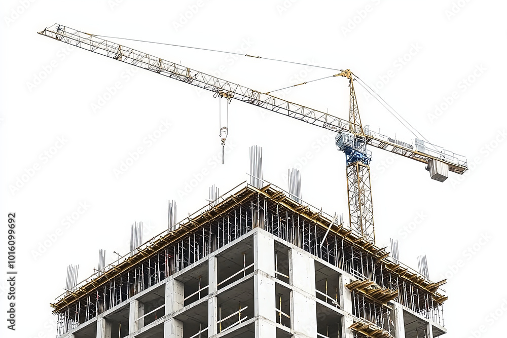 Construction site with crane lifting materials above building under ...