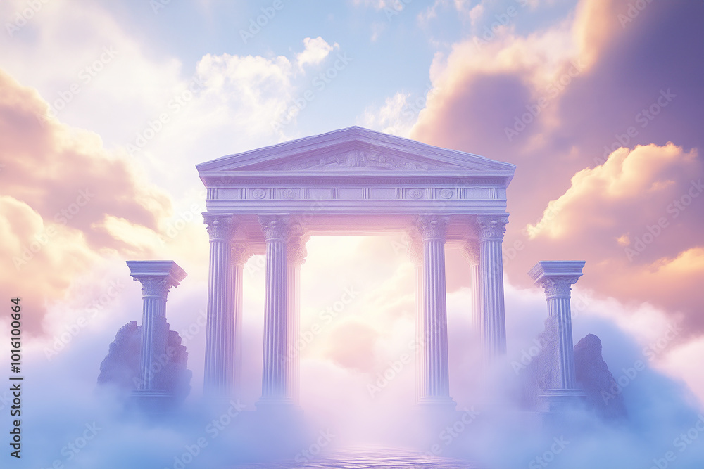 In the sky, white clouds form an arch with Greek columns on both sides ...