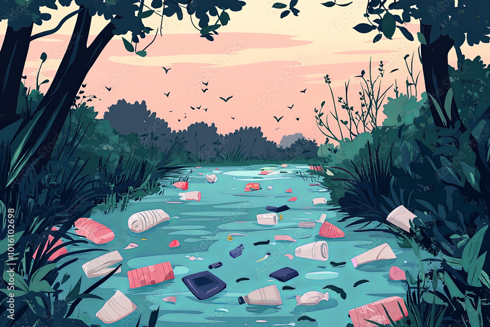 Polluted riverbank scattered with plastic waste, showcasing ...