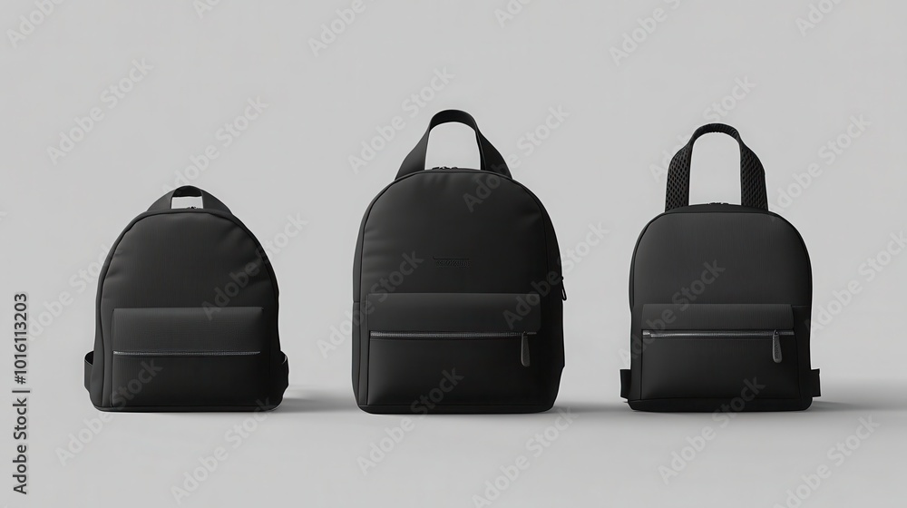 Realistic mockups of a black backpack, viewed from front, back, and ...