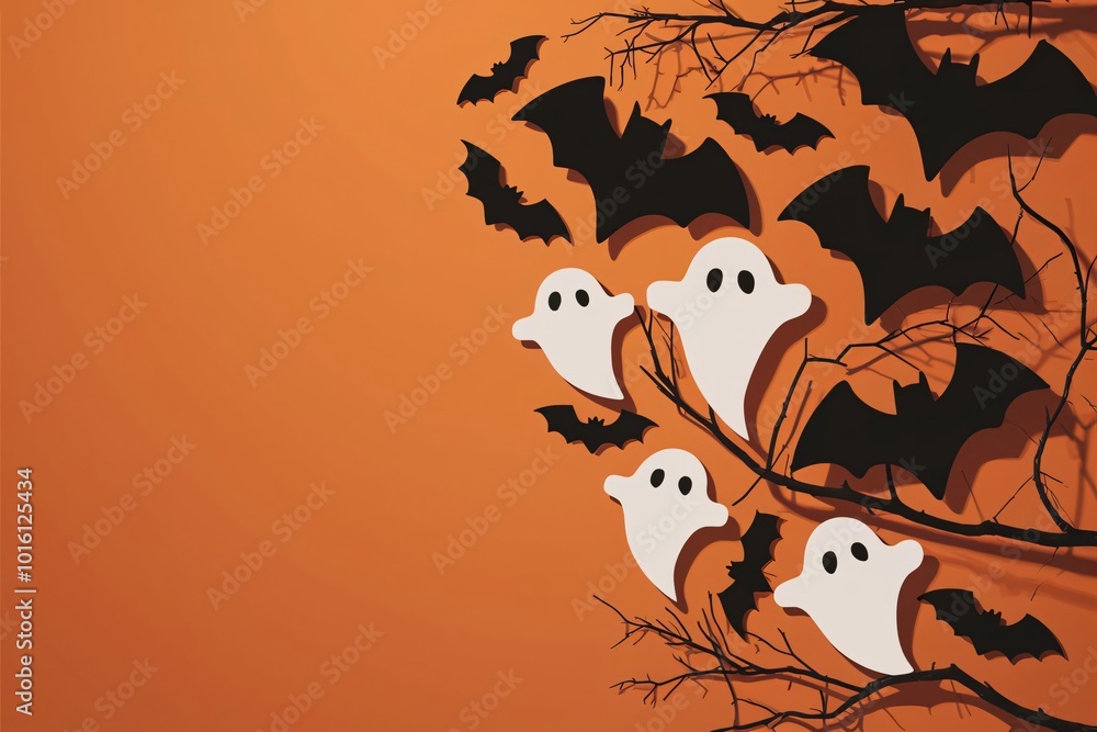 Halloween, spooky, ghosts, bats, orange background, cartoon, holiday ...