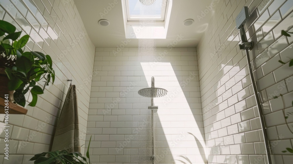 photograph of A bathroom with a skylight directly above a walk-in ...