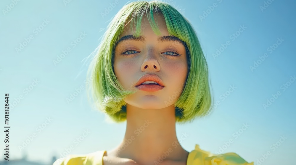Color photograph of a Gen Z girl with a bright green color bob ...