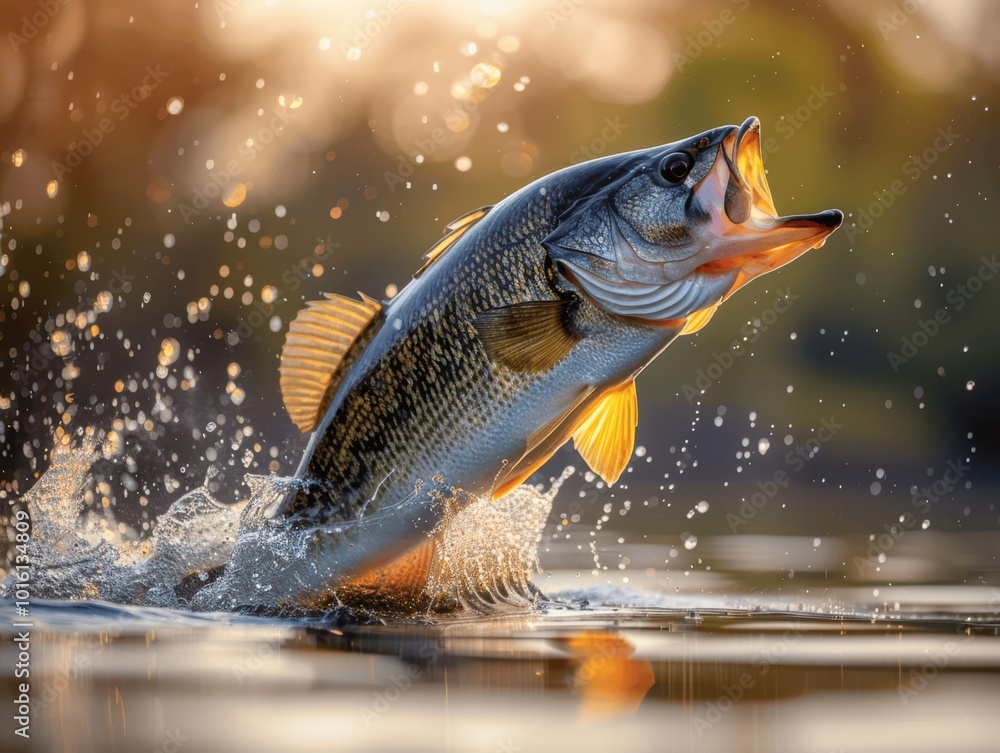 Largemouth bass jumping out of water with splashes during golden hour ...