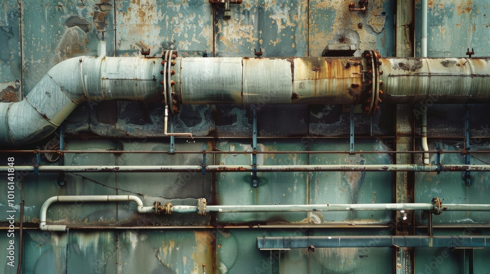 Aged, weathered industrial pipes run along a rust-streaked wall ...