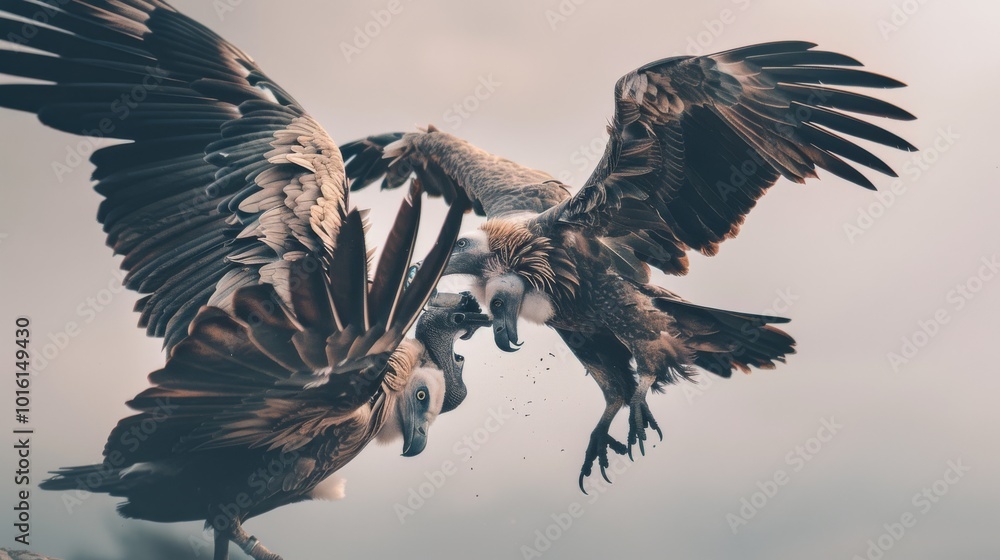 Two vultures locked in a dynamic aerial dance, wings spread wide ...