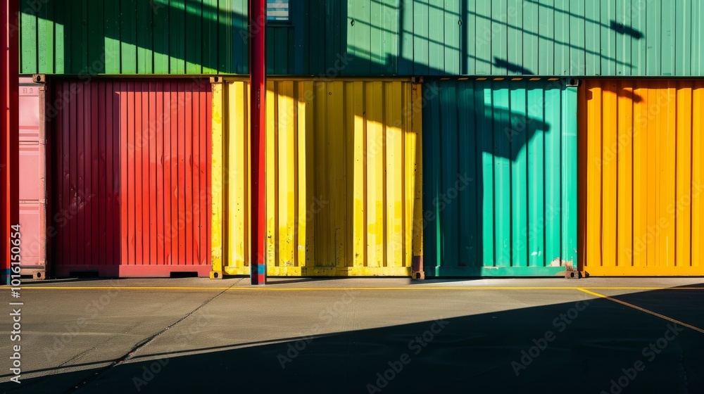 Vivid, colorful shipping containers align in a striking contrast of ...