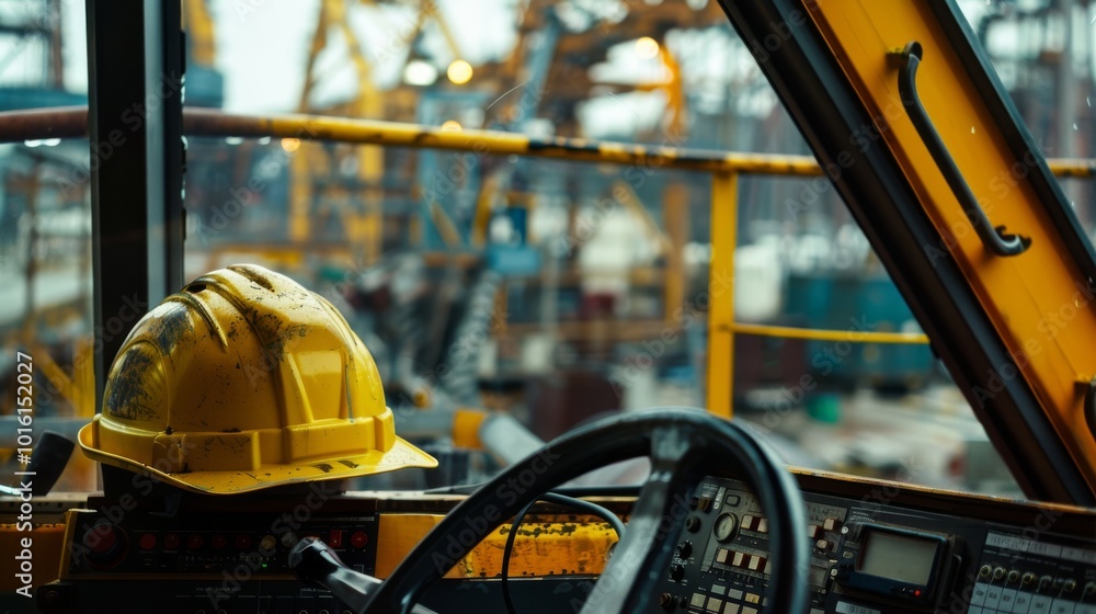 A worn yellow helmet rests inside an industrial machine overlooking a ...